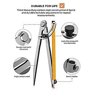 Nicpro 8 Inch Compass for Woodworking with Wing and Pencil Holder, Professional Carpenter Pencil Compass Great for Geometry, Drawing, Drafting