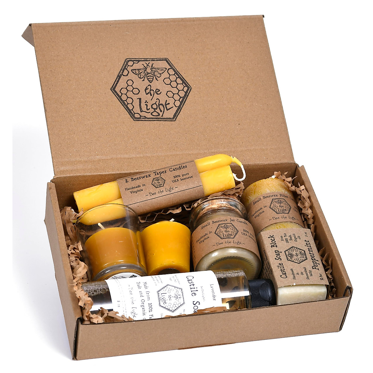 BeeTheLight Beeswax Candle and Castile Soap Gift Box - Choose from Small, Medium, or Large - Essential Oil Scented Bar and Liquid Soaps - Tapers, Pillars, Jars and Votives (Medium)