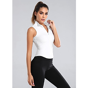FEOYA Women Full Zip Sleeveless Tank Top Workout Shirts Elastic Sweatshirt for Yoga Running Golf Vest T-Shirts White S