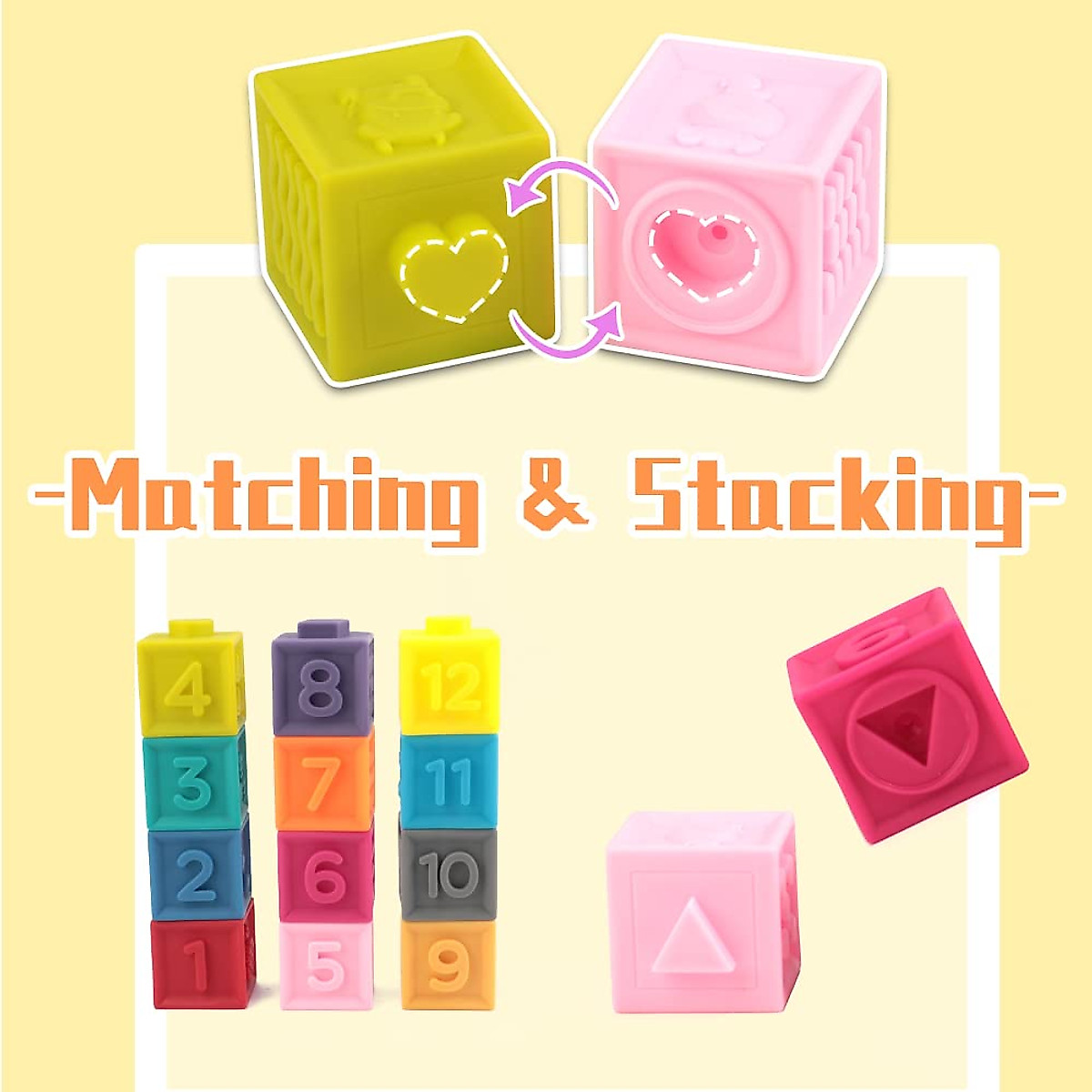 OWNONE 1 Baby Soft Blocks, 16PCS Stacking Building Blocks for Toddlers 1-3, Teething & Sensory Toys for Babies Infant 6 9 10 12 18 Months, Learning Developmental Toys for Boys & Girls 1 2 3 Years Old