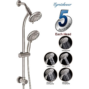 Egretshower Handheld Showerhead & Rain Shower Combo for Easy Reach, 27.5" Drill-free Stainless Steel Slide Bar, 5”of 5-setting Handheld Shower and Showerhead, with 5ft Hose -Brush Nickel