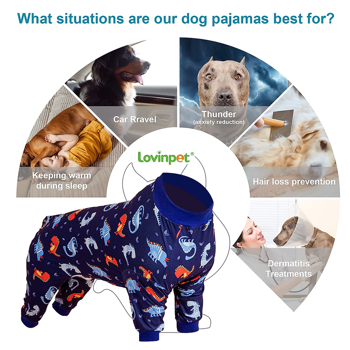 LovinPet Pitbull Pet Onesie, Comfy Lightweight Stretchy Fabric, Blue Dinosaurs Print, Sun Protection, Pet Anxiety Relief Shirt, Easy to Wear Dog Costume for Party,Blue White XL