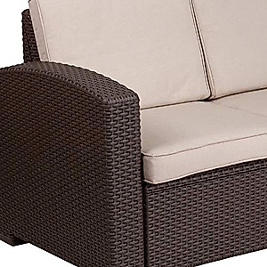 Merrick Lane Malmok Outdoor Furniture Resin Loveseat Chocolate Brown Faux Rattan Wicker Pattern 2-Seat Loveseat with All-Weather Beige Cushions