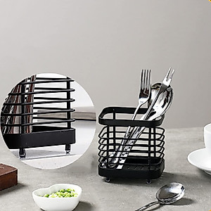 ANHORTS Utensil Holder Stainless Steel, Cutlery Drainer Rack for Kitchen Counter, Countertop Organizer for Flatware Silverware Dinner Forks, Knives and Spoons, Black