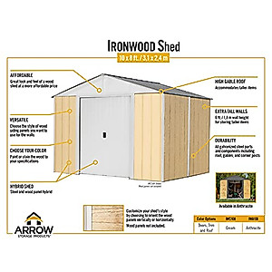 Arrow 10' x 8' Ironwood Galvanized Steel Hybrid Outdoor Shed Kit, Anthracite