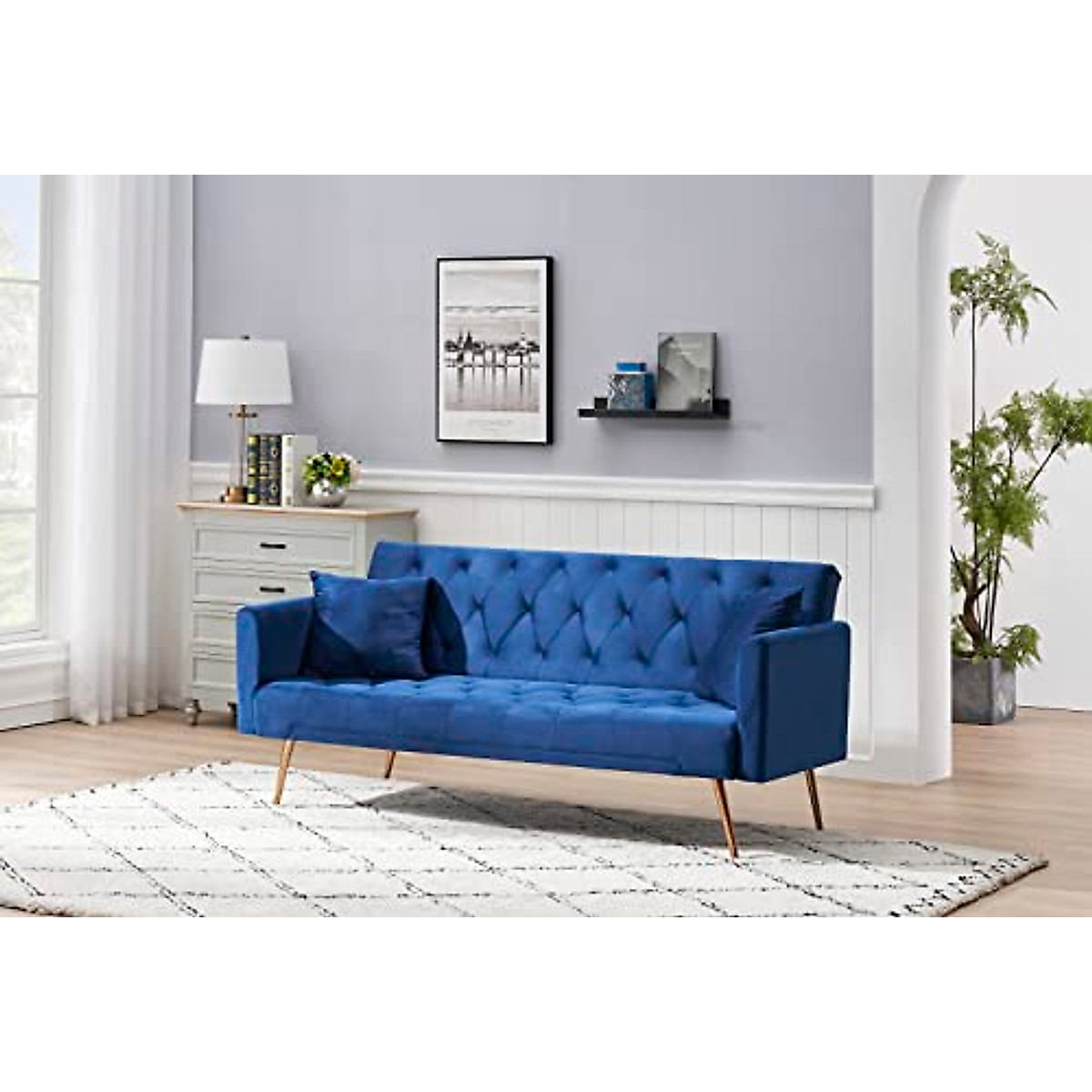 Eafurn Comfy Velvet Upholstered Futon Foldable Daybed Bed for Sleep Overs, Convertible Sleeper Loveseat with 2 Pillows, 71" Tufted Sofa & Couches with Golden Metal Legs for Compact Living Space, Blue