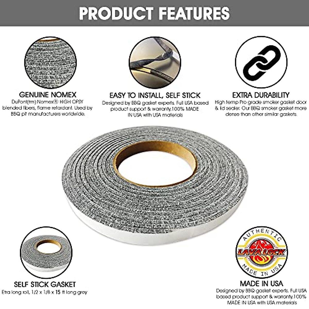 LavaLock 12 GREY High Performance BBQ Gaskets Smoker Seals - Self Stick 1/2 x 1/8 x 15 ft long Hi -Temp