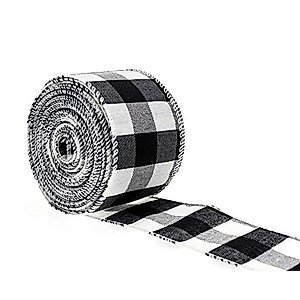 ATRBB White and Black Buffalo Plaid Ribbon Wired Edge Gingham Ribbon for Christmas Decoration and Bows Craft,10 Yards by 2.48 Inches (Style 1)