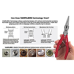 VAMPLIERS: 7.5" Long Nose High Carbon Steel Pliers with Screw Removing Jaws and Wire Cutter. Ideal for Removing Stuck, Stripped Screws & Fasteners in hard-to-reach spaces. Made in Japan: VT-001-7LN