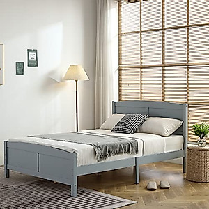 nycsuoani Full Bed Frame No Box Spring Needed Full Pine Single-Layer Core Vertical Stripe Full-Board Curved Bed Head with The Same Bed Foot Wooden Bed 77.8 x 56.5 x 37.8 in. Gray