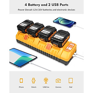 Amityke DCB104 Battery Charger, Replacement for Dewalt Battery Charger Station 4-Port Multi Charger with 2 USB Ports Compatible with 12V/20V/60V Dewalt Max Batteries DCB124 DCB126 DCB200 DCB205