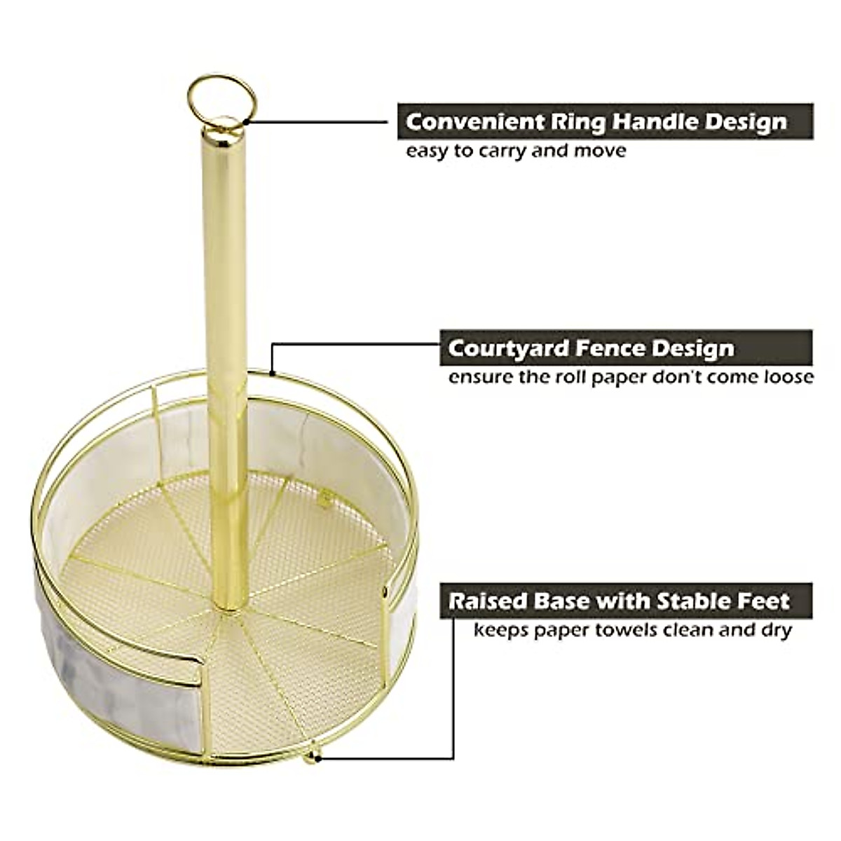 Koluti Paper Towel Holder Countertop, Farmhouse Kitchen Paper Roll Stand, Rustic Gold Metal Paper Towel Rack Organizer Storage for Dining Table, with Courtyard Fence, Marble Print Silicone Finish