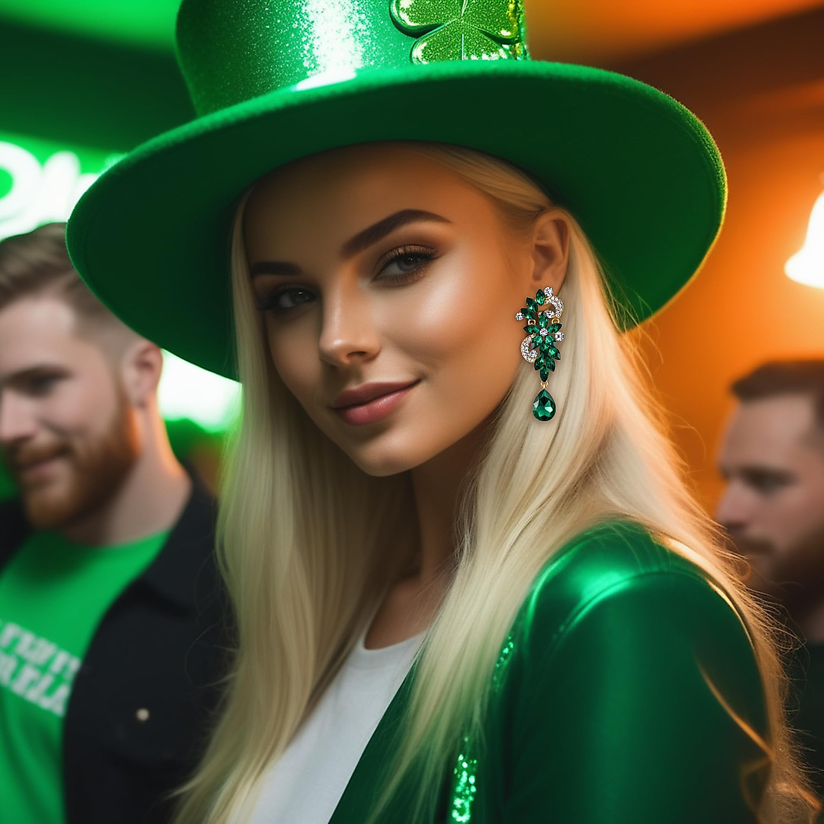 BriLove St Patricks Day Earrings Wedding Bridal Clip On Earrings for Women Bohemian Boho Crystal Flower Chandelier Teardrop Bling Long Dangle Earrings Emerald Color Gold-Toned