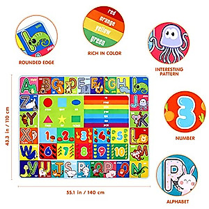 VOSAREA Kids Play Mat Non Slip Floor Mat Educational Rug Playtime Collection Letters Numbers Animals for Kids Toddlers Infant Playroom (140x110cm)