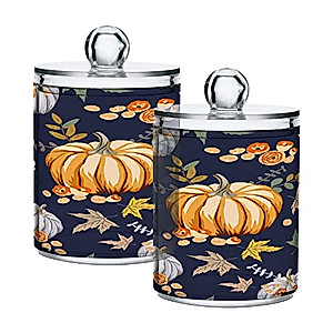Kigai Autumn Pumpkins Qtip Holder Dispenser - 14OZ Clear Plastic Apothecary Jars Food Storage Jar with Lids Bathroom Canister Organizer for Coffee, Tea, Candy, Floss (2Pack)