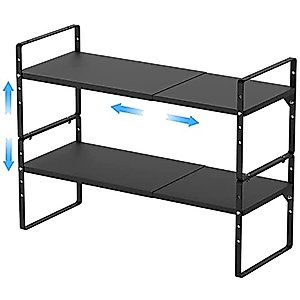 GEDLIRE Expandable Kitchen Cabinet Shelf Organizers 2 Pack, Stackable Metal Pantry Storage Shelves Rack, Adjustable Counter Shelf for Cabinets, Countertop, Cupboard Organizers and Storage, Black
