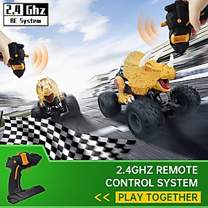 Pamopamo RC Monster RC Cars 1:18 Triceratops Dinosaur Racing Car Remote Control Car with Music,Led Lights,Spray Mist,Roaring Sound,4WD 2.4 GHz RC Monster Truck for Boys Girls Christmas