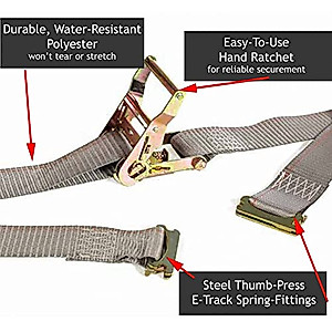10 E Track Ratchet Tie-Down Cargo Straps, 2" x 16' Durable Ratcheting Strap Cargo TieDowns, Heavy Duty Grey Polyester Tie-Downs, ETrack Spring Fittings