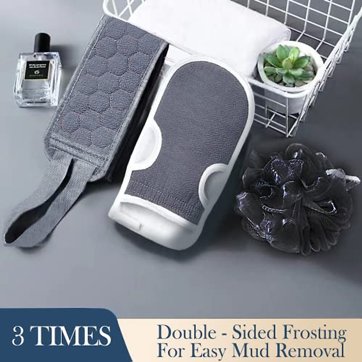 S&R PLKOP Exfoliating Body Scrubber Set - Includes Back Scrubber, Bath Glove and Shower Bath Sponge Loofah - for Women and Men Shower - Deep Clean and Vitalize Your Skin - 3-Pack(36.5*3.7 Inch, Grey)