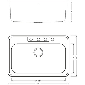 CozyBlock 33 x 22 x 9 Inch Top-mount/Drop-in Stainless Steel Single Bowl Kitchen Sink with Strainer and Cutting Board - 18 Gauge Stainless Steel-4 Faucet Hole