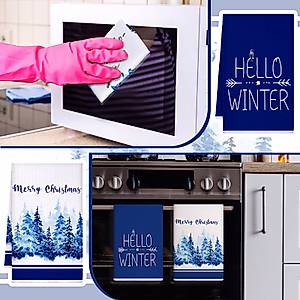 Geyoga 6 Pcs Christmas Kitchen Towels Decor 16 x 24 Inch Absorbent Christmas Tree Dish Towels Xmas Truck Snowman Santa Plaid Hand Tea Towels for Holiday Housewarming Gift(Blue, White,Snowman)