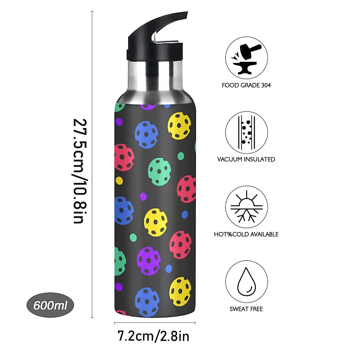 HJJKLLP Colorful Pickleball Sport Water Bottle with Straw Lid Double Wall Vacuum Insulated Stainless Steel Water Bottle 20 oz