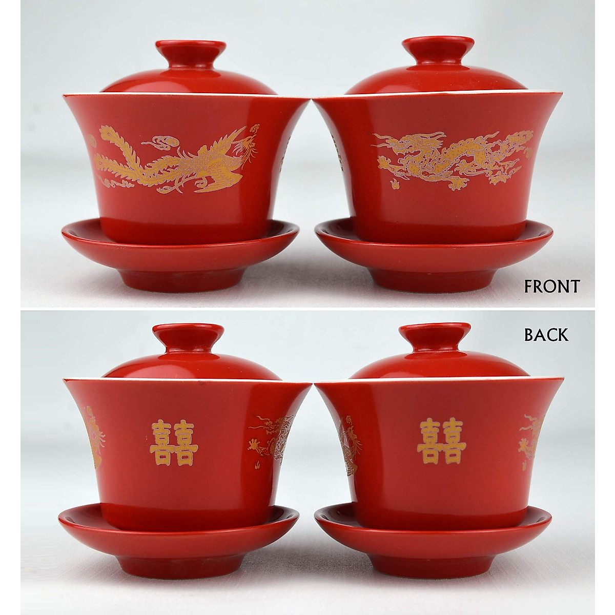 Gaiwan 2 Suits Porcelain Teacups 8oz Cups Chinese Dragon and Phoenix Cover Bowl Saucer Red tureen for Wedding Party (Dragon phoenix)