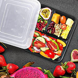 50 PACK, 32 oz. Meal Prep 3 Compartment Containers, Extra Large & Thick Food Storage Containers with Lids - BPA Free Stackable Microwavable & Dishwasher Safe, Travel, To Go, Bento Box, Black