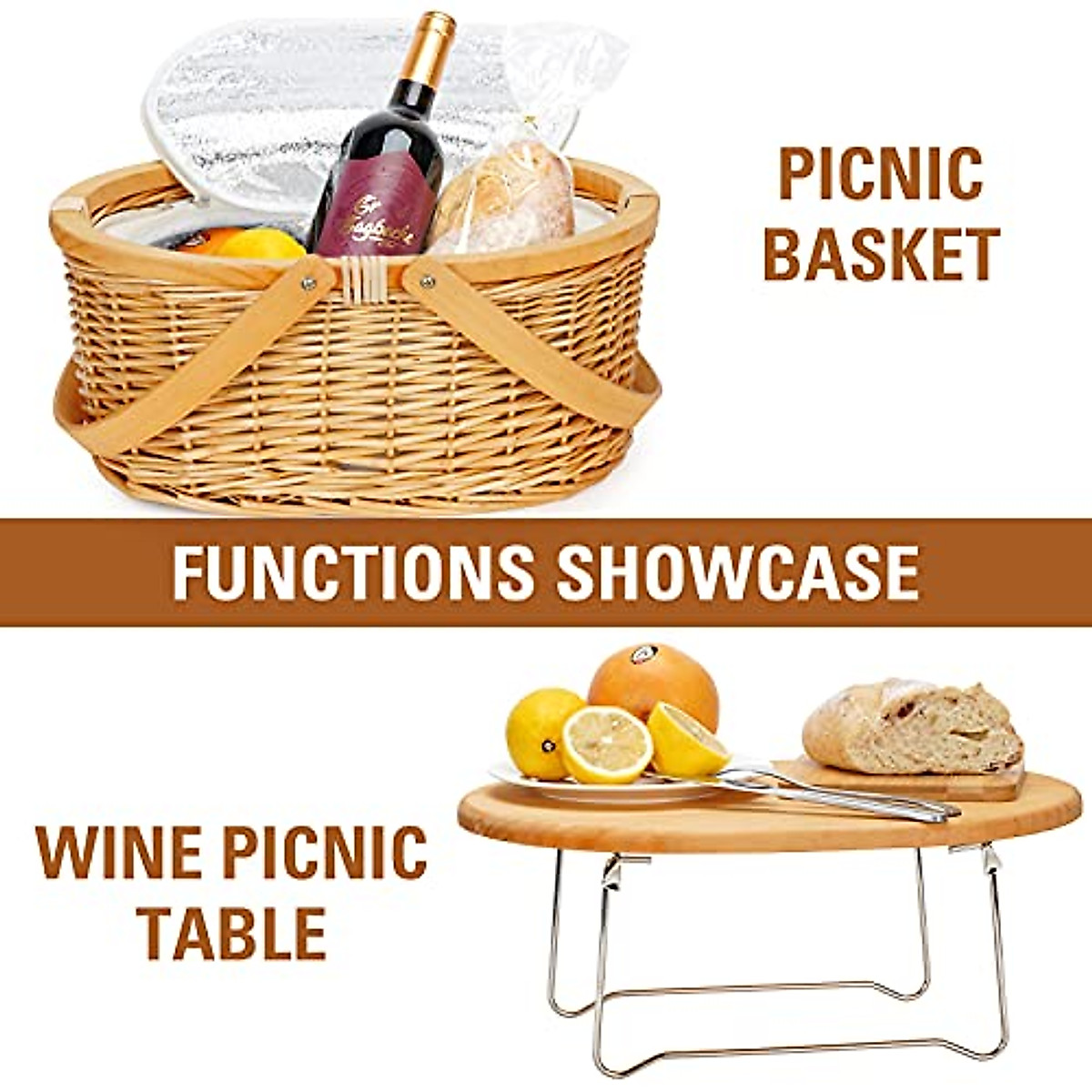 Wicker Picnic Basket Cooler with Portable Picnic Wine Table & Swing Handles for Beach, Camping, Park, Outdoor Party. Insulated Willow Cooler Baskets for Wine Lover. Best Gift for Christmas,Valentine