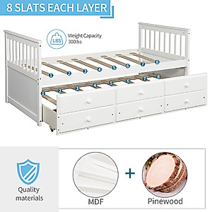 Rhomtree Twin Captain’s Bed Storage daybed with Trundle and Drawers for Kids Guests (White)