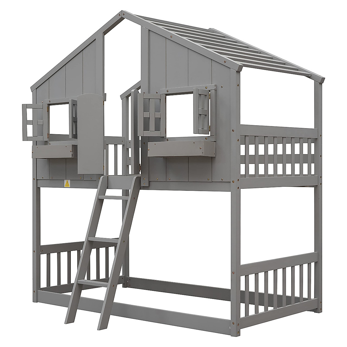 MERITLINE Twin Over Twin House Bunk Bed, Wood Floor Bunk Bed Frame with Roof, Window, Window Box & Door, Twin Bunk Bed for Kids Boys Girls Teens (Grey)