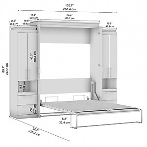 Bestar Orion Queen Murphy Bed with Storage Cabinets and Pull-Out Shelf (106W) in Bark Grey and Graphite, Sleeping Arrangement with Shelves