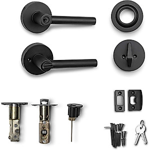 Berlin Modisch Entry Lever Door Handle and Single Cylinder Deadbolt Lock and Key Sleek Round Locking Lever Handle Set [Front Door or Office] Right & Left Sided Doors Heavy Duty – Iron Black Finish