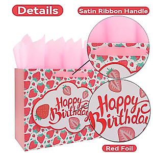 13” Large Strawberry Happy Birthday Gift Bag Set with Handles, Greeting Card, Tissue Papers and Stickers for Girls Kids Teens Women, Fruit Themed Birthday Design, 1 Pcs