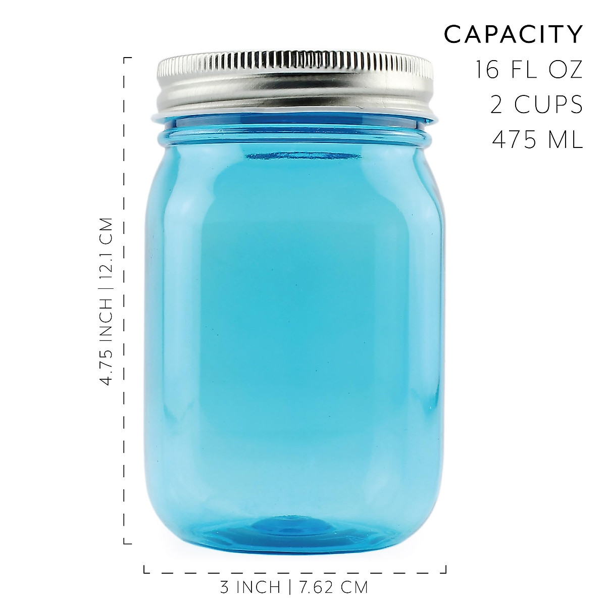 Cornucopia Brands 16oz PLASTIC Mason Jars (8-Pack, Blue w/Silver Metal Lids); PET BPA-Free Mason Jars w/One Piece Lids, 2-Cup/Pint Capacity