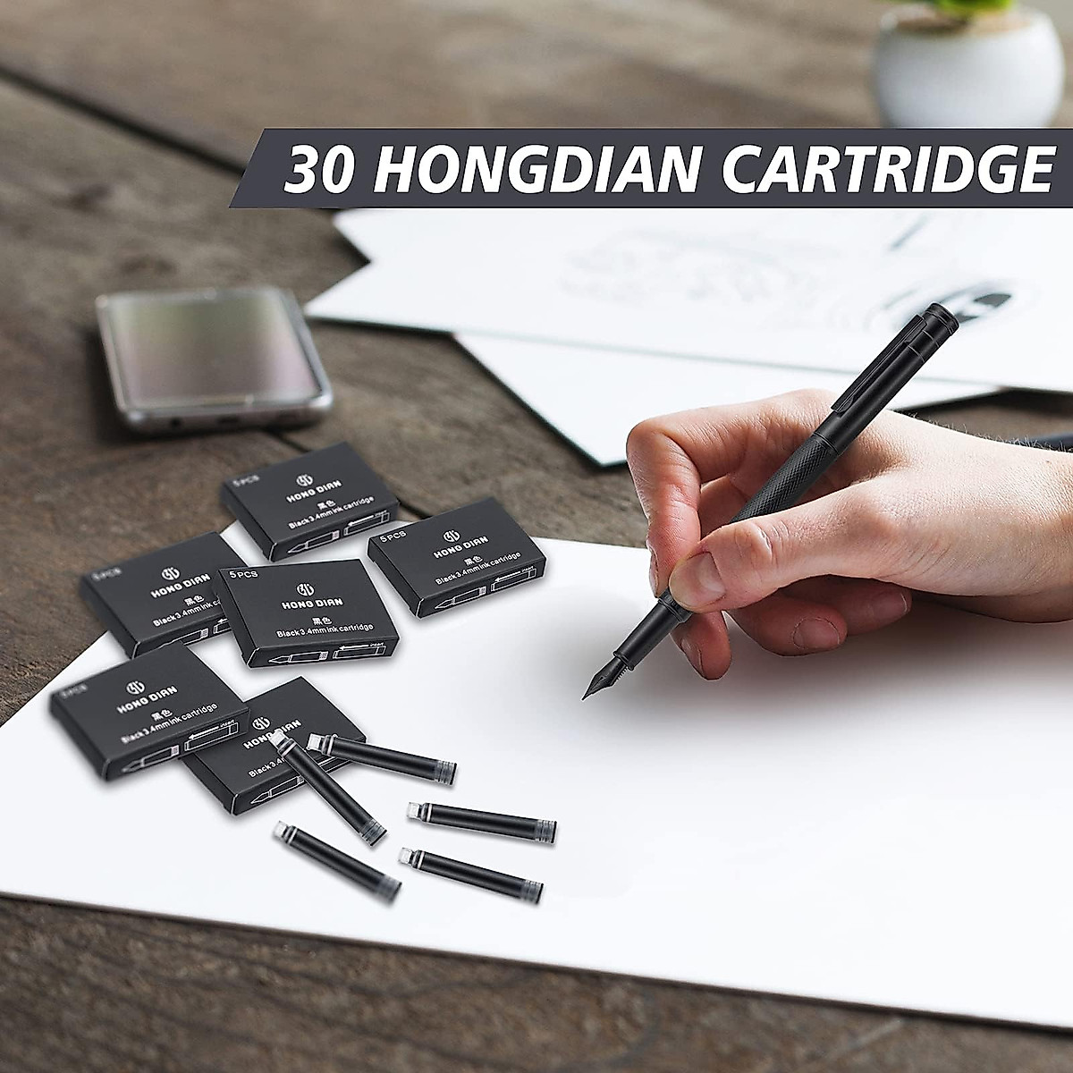 Asvine Fountain Pen Ink Cartridges Black Color, Set of 30 Refill Ink Cartridges, 3.4 mm Bore Diameter