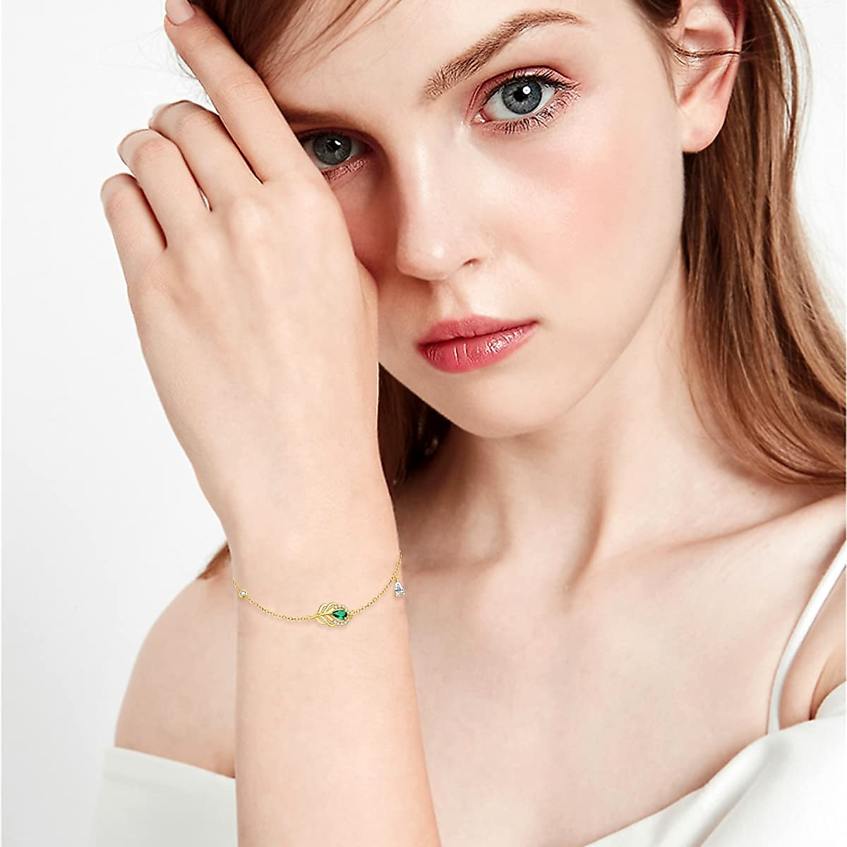 SISGEM Real 14k Gold Peacock Feather Bracelet for Women, 14 Karat Gold Animal Lover Wrist Jewelry Gifts for Her, 6.8"+0.8"+0.8"