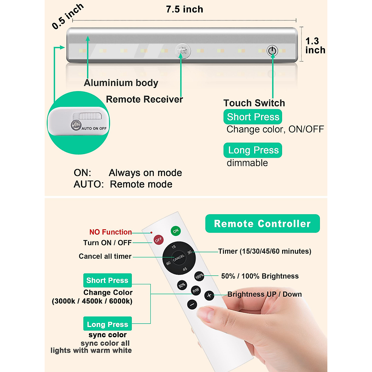Anbock Under Cabinet Lighting Remote Control 6 Packs 20 LEDs Rechargeable Touch Lights with Timer Dimmer 3 Colors Wireless Install Easily, Perfect for Stairs Kitchen Kids Room Under Counter Closets