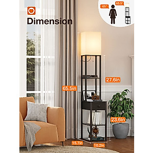 addlon Floor lamp with 2 USB, 1 Outlet and Drawer, 3 Color Temperatures LED Bulb (9W), Sofa lamp with White lampshade, Display Floor lamp with Shelves for Living Room, Bedroom and Office - Black