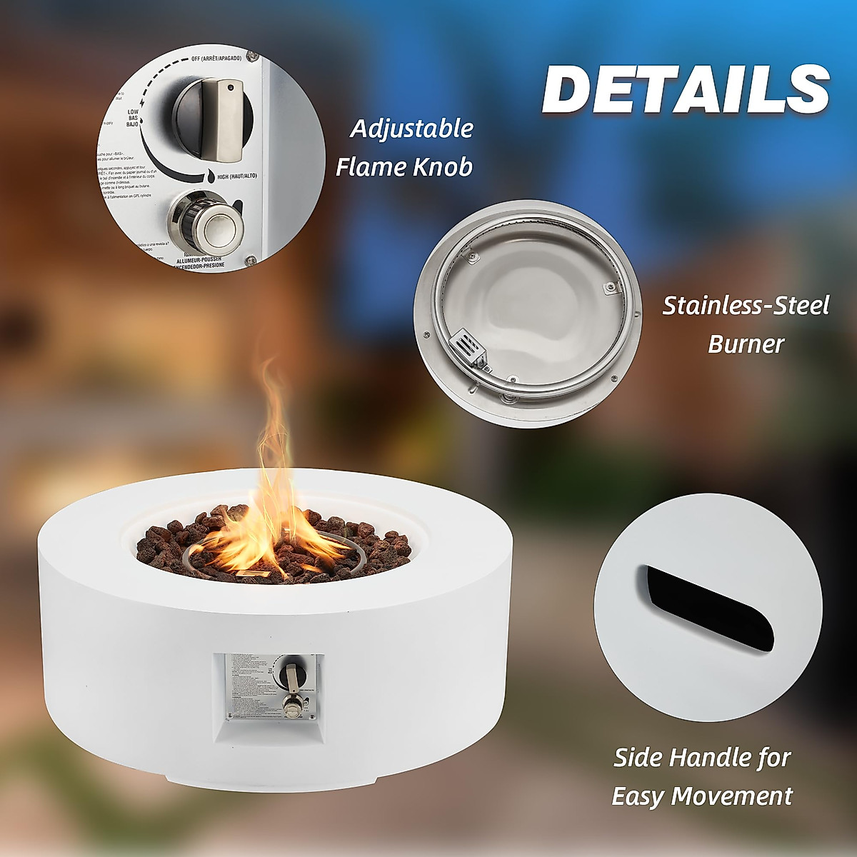 ECOTOUGE Outdoor Propane Firepit Table Set, 30 Inch Auto-Ignition Round Gas Fire Pit, 50,000 BTU Steel Fire Table w/Weather-Resistant Pit Cover, Lava Rocks, No Tank Holder, White