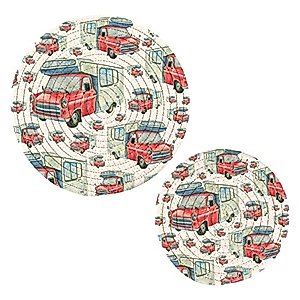 Camper Motorhouse Summer Trivet Pot Holders Red Classic Camper Van Hot Pads Trivets Mats Heat Resistant Cotton Potholders Round Table Counter Mat for Kitchen Coaster Hot Pan Dish 2pcs