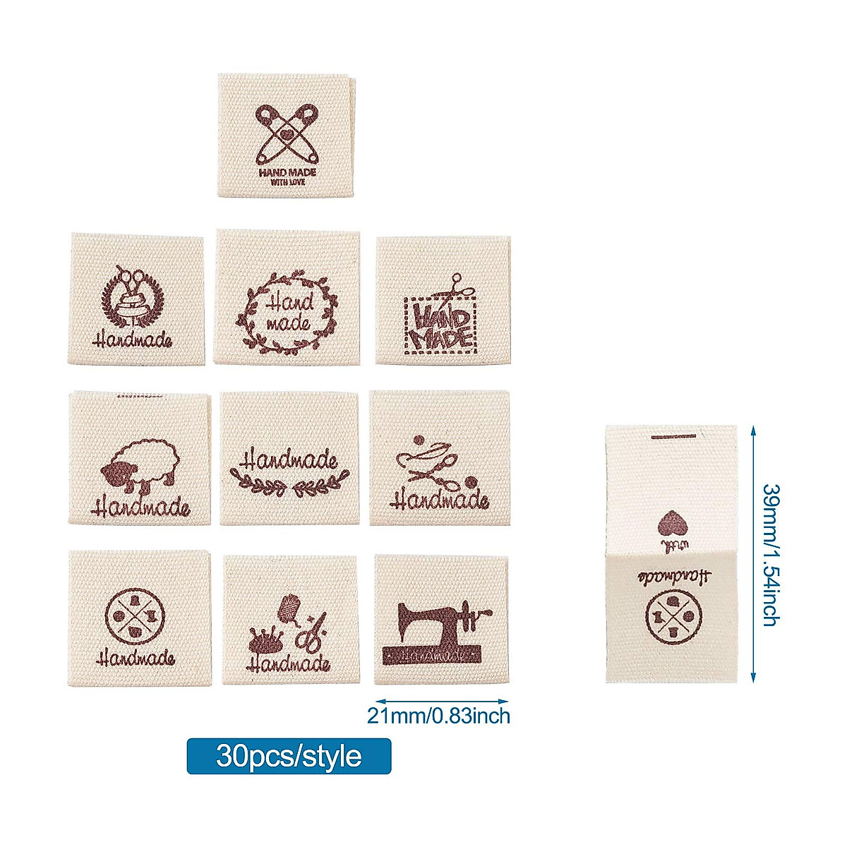 Beadthoven 300pcs 10 Styles Woven Sewing Labels Handmade with Love Vintage Sew-On Labels Embossed Clothes Fabric Tags for Knitting Quilting Sewing Garment DIY Crafts