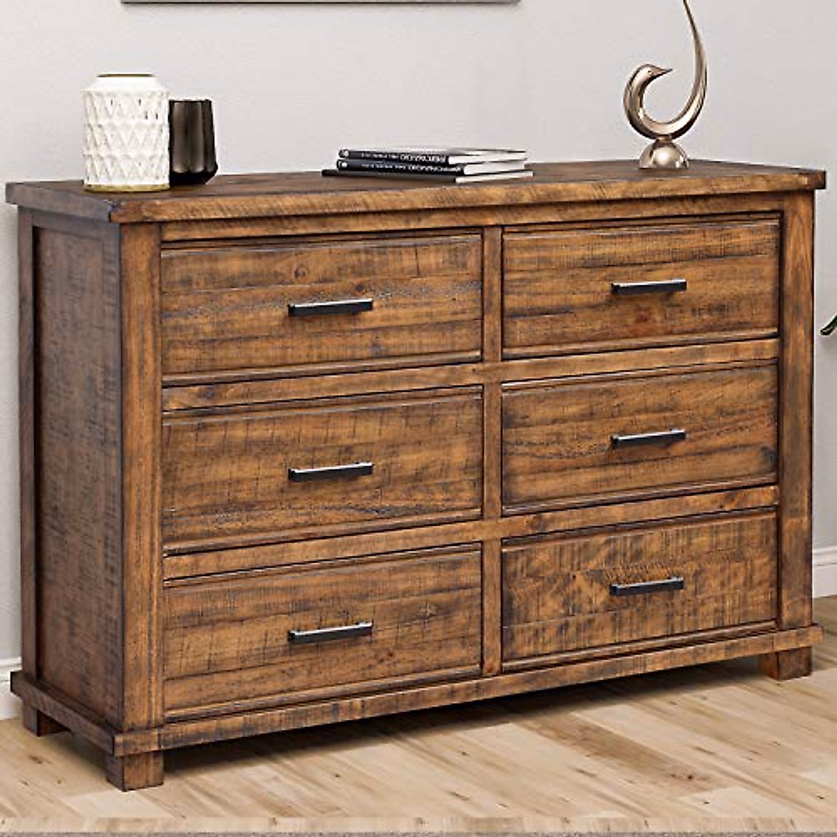Knocbel Farmhouse 6-Drawer Dresser with Antique Metal Handles, Reclaimed Pine Wood Double Chest of Drawers, Fully Assembled, 56" L x 18.3" W x 36.6" H (Natural)