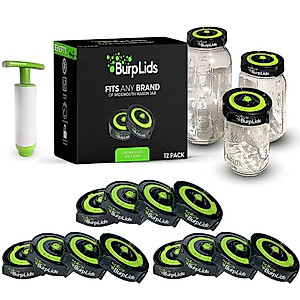 Burp Lids 12 Pack Curing Kit - Fits All Wide Mouth Mason Jar Containers - A Home Harvesting Essential. 12 lids + extraction pump. Vacuum sealed for successful cure.