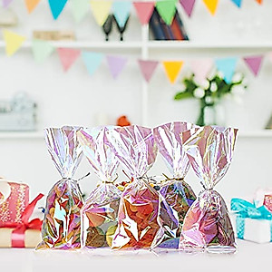 QTOP Cellophane Treat Bags,Iridescent Holographic Goodie Bags, Clear Cello Bags with Twist Ties for Birthday Party Favors, Valentines, Easter, Weddings