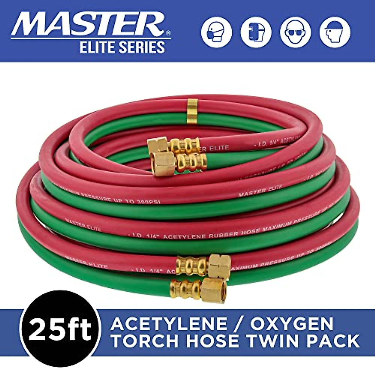 Master Elite 25 Foot Oxygen Acetylene Hose Twin Welding Hose Set, 1/4 Inch B Fittings, 9/16”-18 - Oxy Acetylene Cutting Torch Hoses, Welder Gas Hose Cut Metal, Green Red, Grade R, Fits Regulators