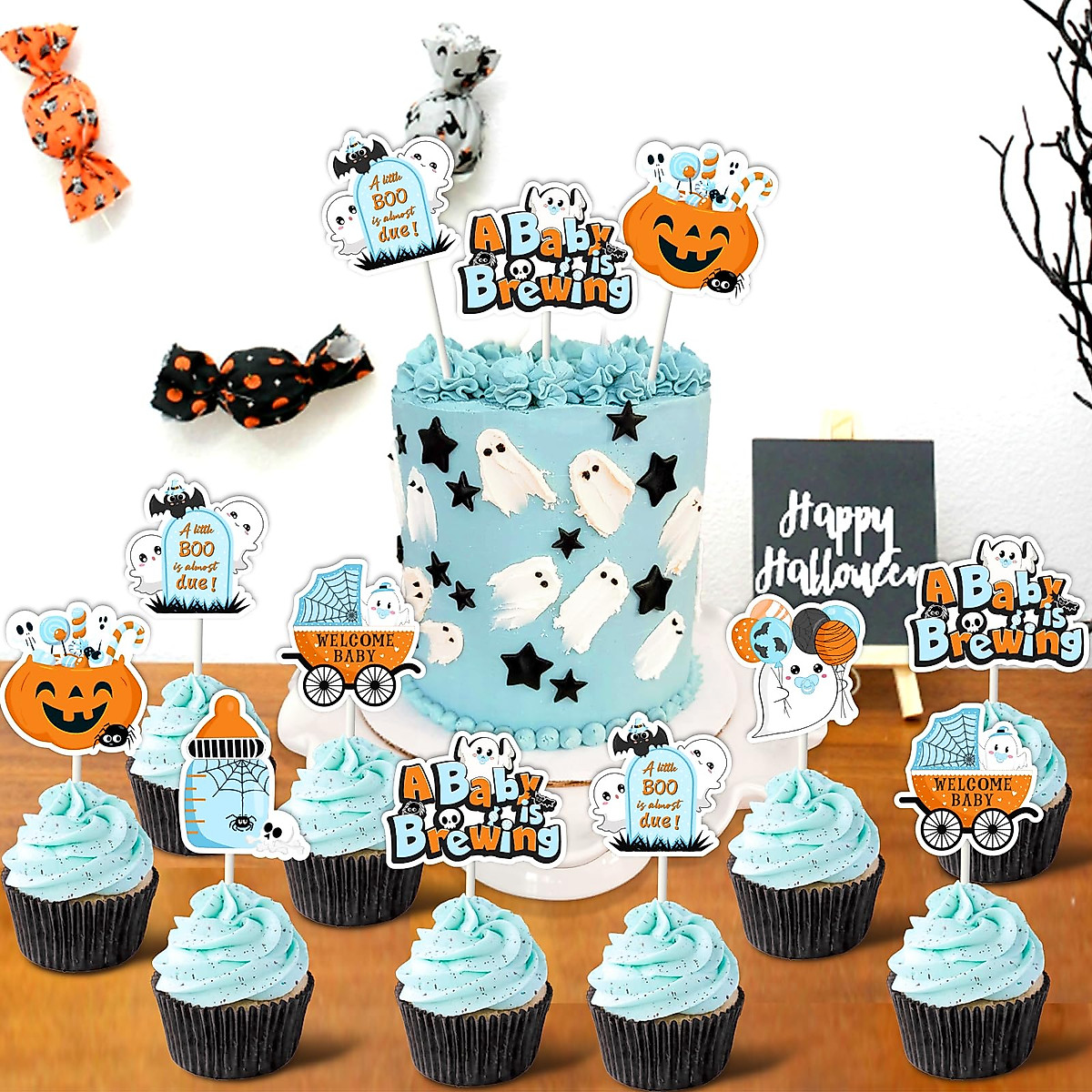 Jollyboom Halloween Baby Shower Party Decoration Boy, 36Pcs A Baby Is Brewing Baby Shower Decorations Cupcake Topper for A Little Boo Is Almost Due Halloween Welcome Baby Shower Gender Revel