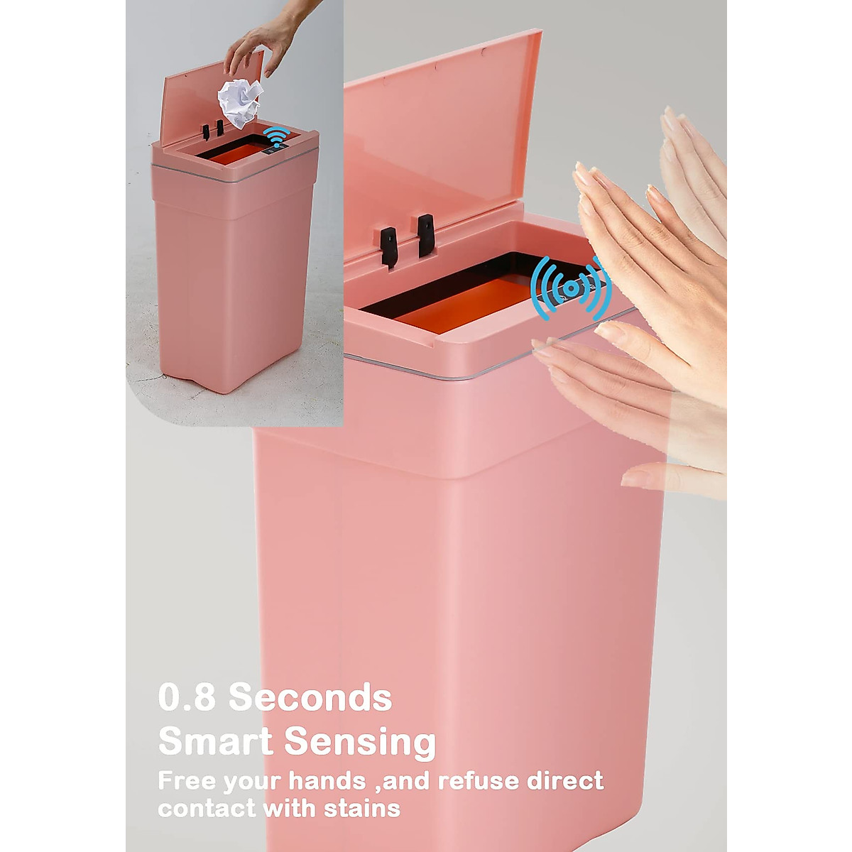 Trash Can 13 Gallon Plastic Automatic Trash Can with Lid for Bedroom Bathroom Home Office Garbage Can Trash Bin Touchless Trash Can Sensor Trash Can Electric Trash Can 50 Liter，Pink