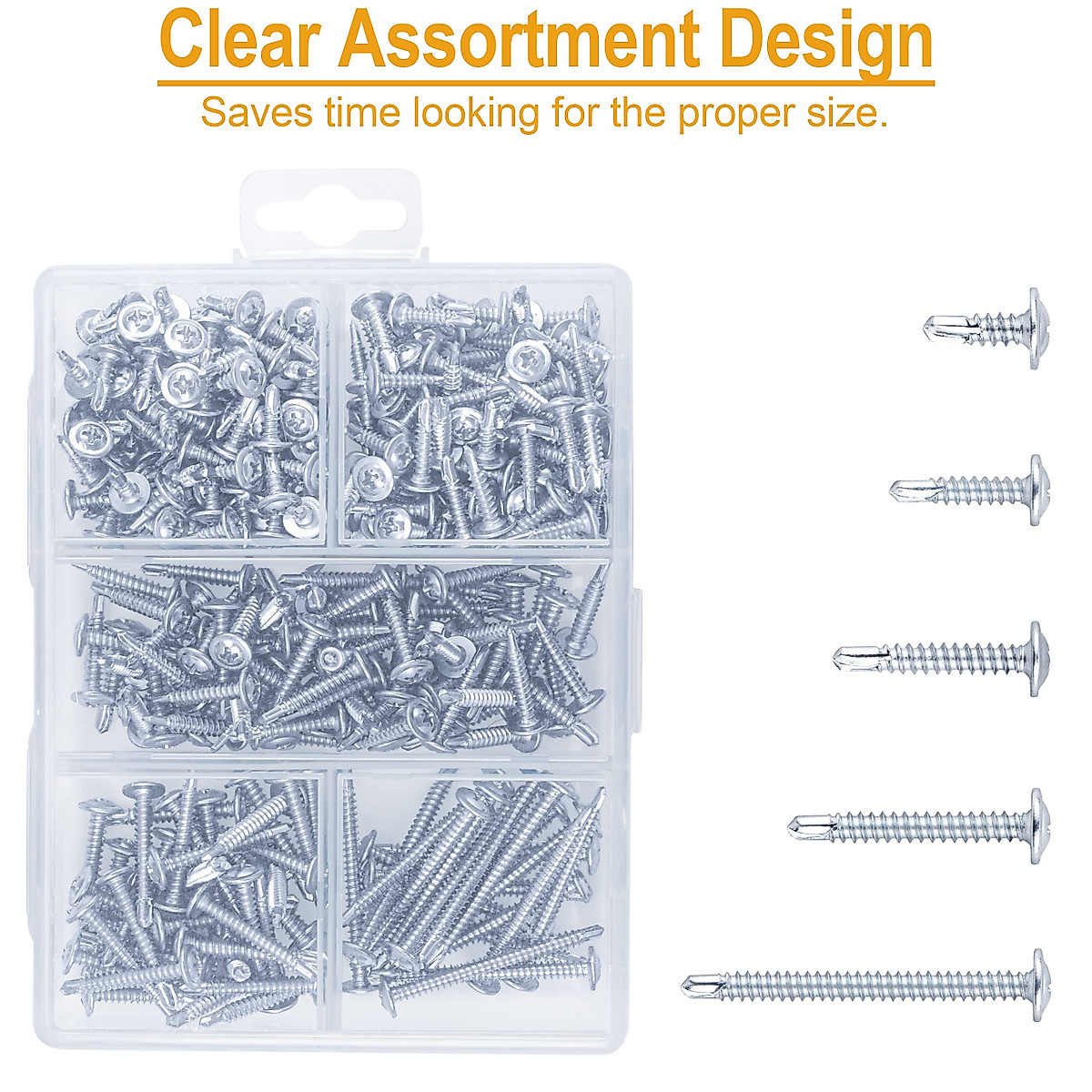 KURUI Self Tapping Screws for Metal Assortment Kit, 350PCs #8 Galvanized Phillips Sheet Metal Screws, Carbon Steel Truss Head Self Drilling Screws for Metal in 5 Sizes (1/2, 3/4, 1-1/4, 1in, 2in)