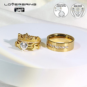 Wedding Ring Set Couples Rings Crown Claddagh ring Yellow Gold Plated Heart White Cz Titanium band